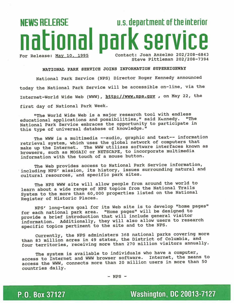 The National Park Service Joins the Internet in 1995 (U.S. National ...