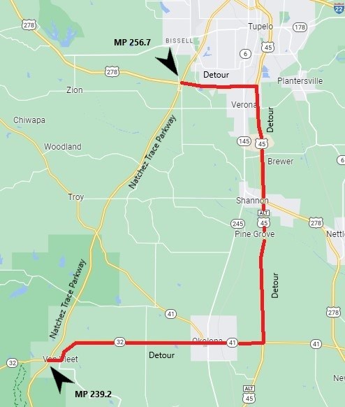 Current Detours - Natchez Trace Parkway (U.S. National Park Service)
