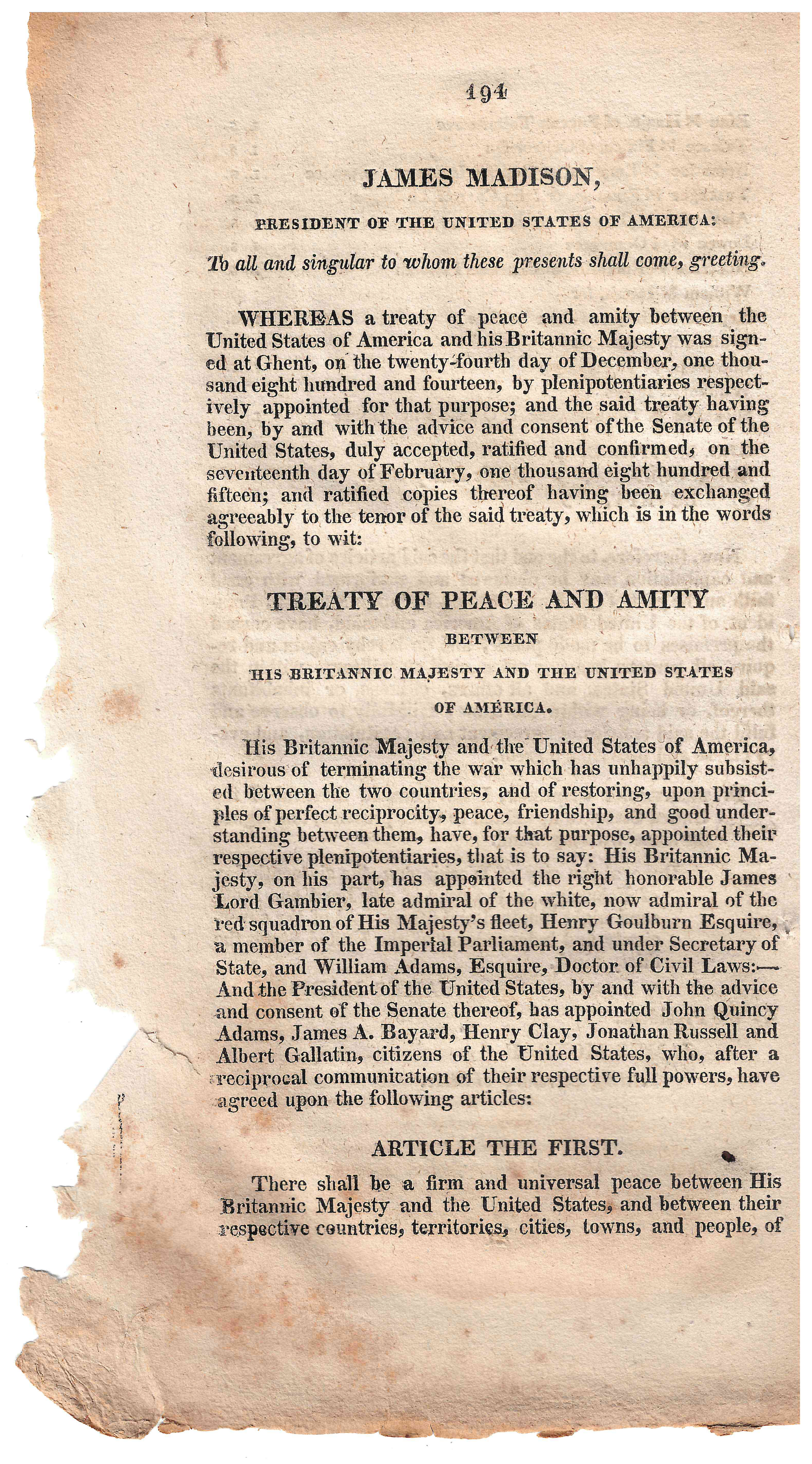 The Treaty of Ghent - Jean Lafitte National Historical Park and ...